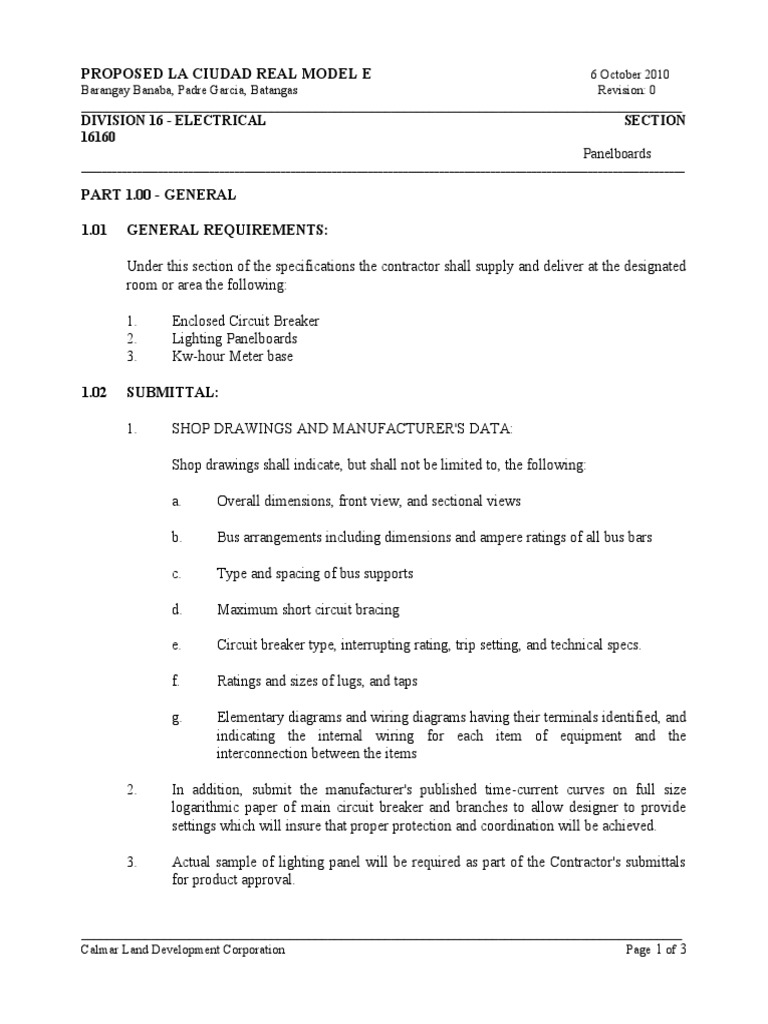Proposed La Ciudad Real Model E: Division 16 - Electrical 16160 ...