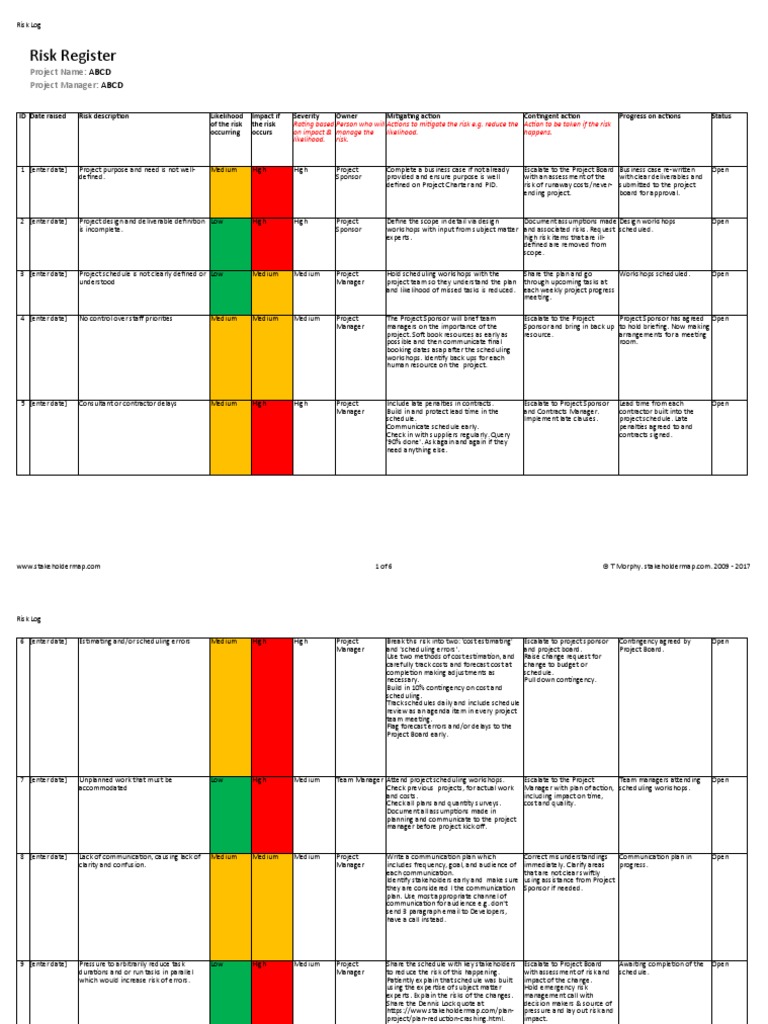 Project Risk Register - Format | PDF | Risk | Insurance