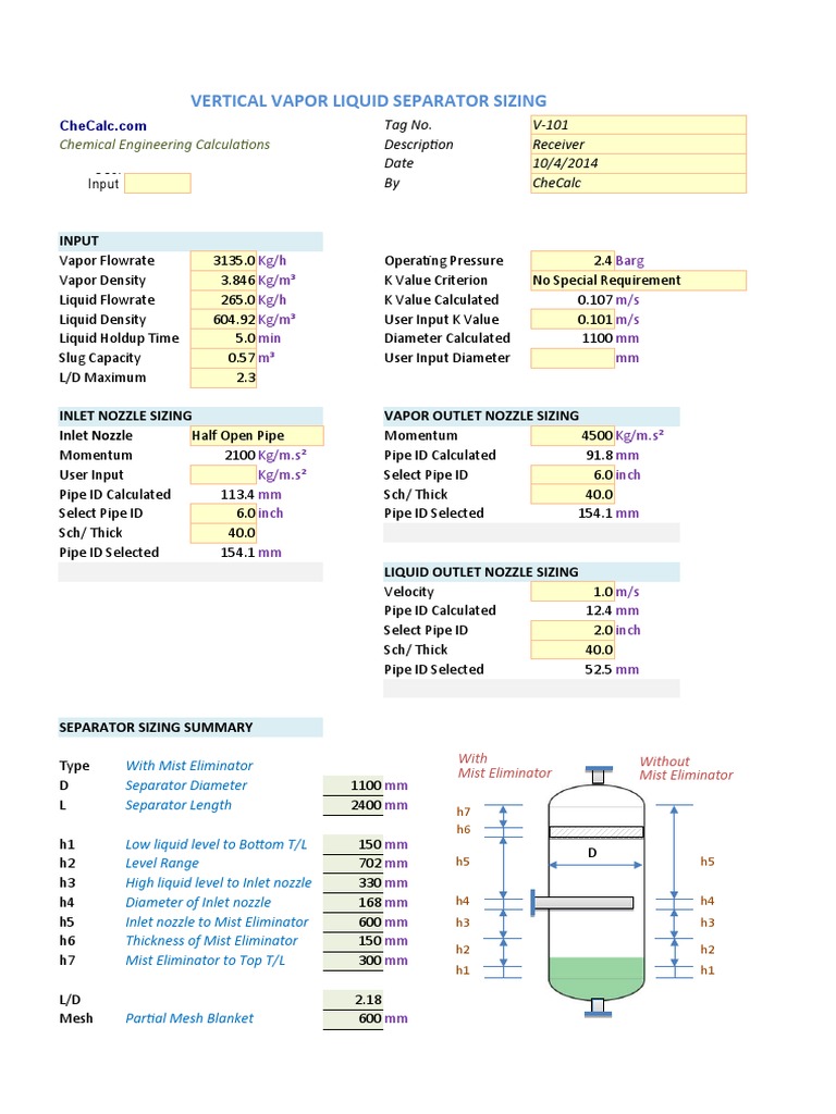Spread Sheet For Sizing of Separator | PDF | Pipe (Fluid Conveyance) | Gas Technologies