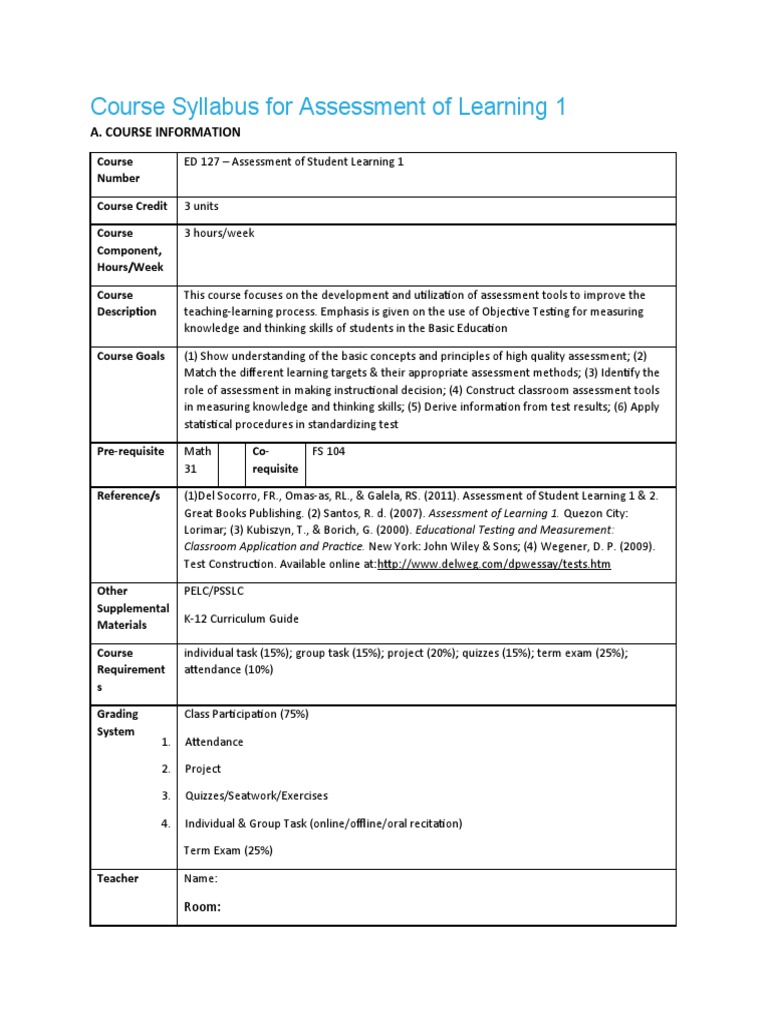 Course Syllabus For Assessment of Learning 1 | PDF | Educational ...