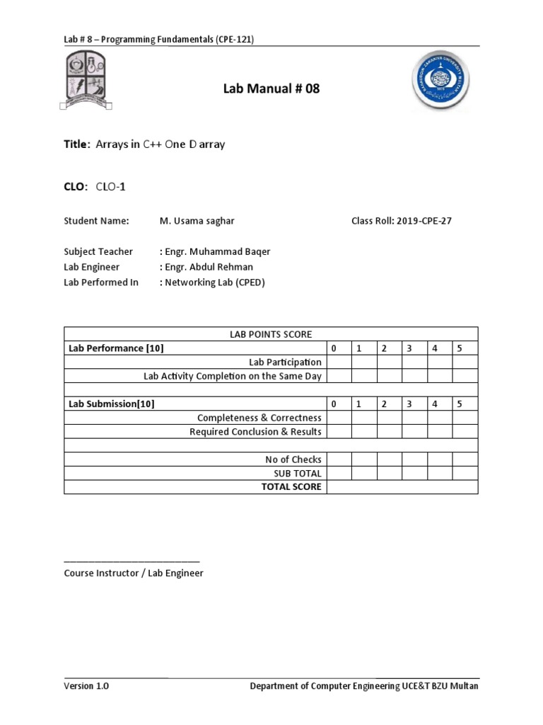 Lab Manual 08 Title Arrays In C One D Array Pdf Array Data Structure Integer 