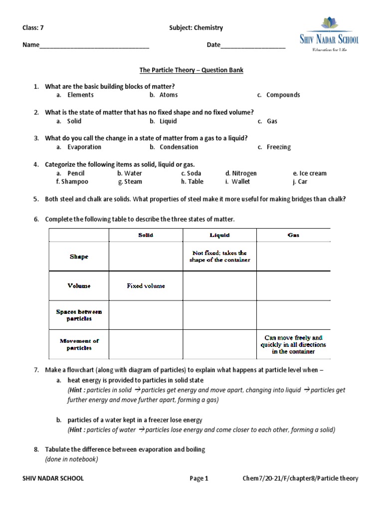 Particle Theory End of Chapter WS | PDF | Liquids | Gases