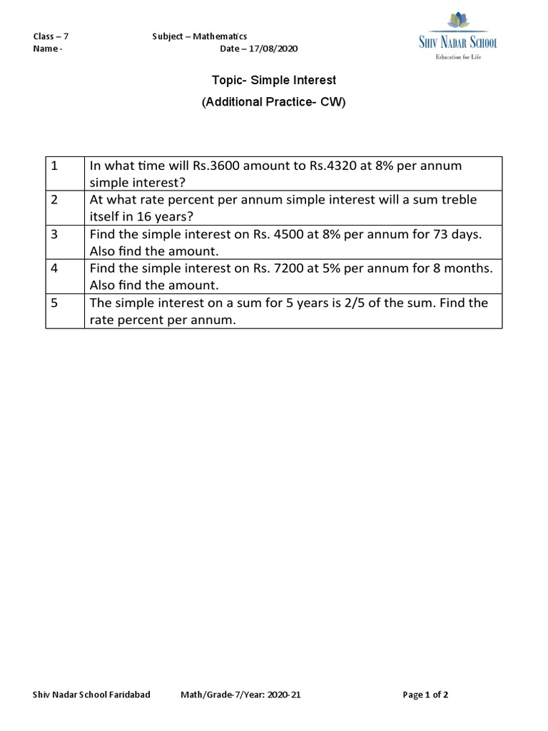 Practicing Simple Interest Calculations: Finding Interest Rates ...