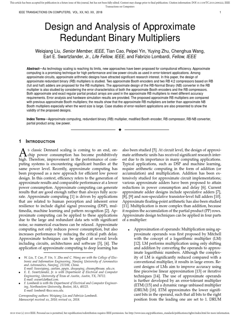 Design and Analysis of Approximate Redundant Binary Multipliers | PDF | Data Compression ...