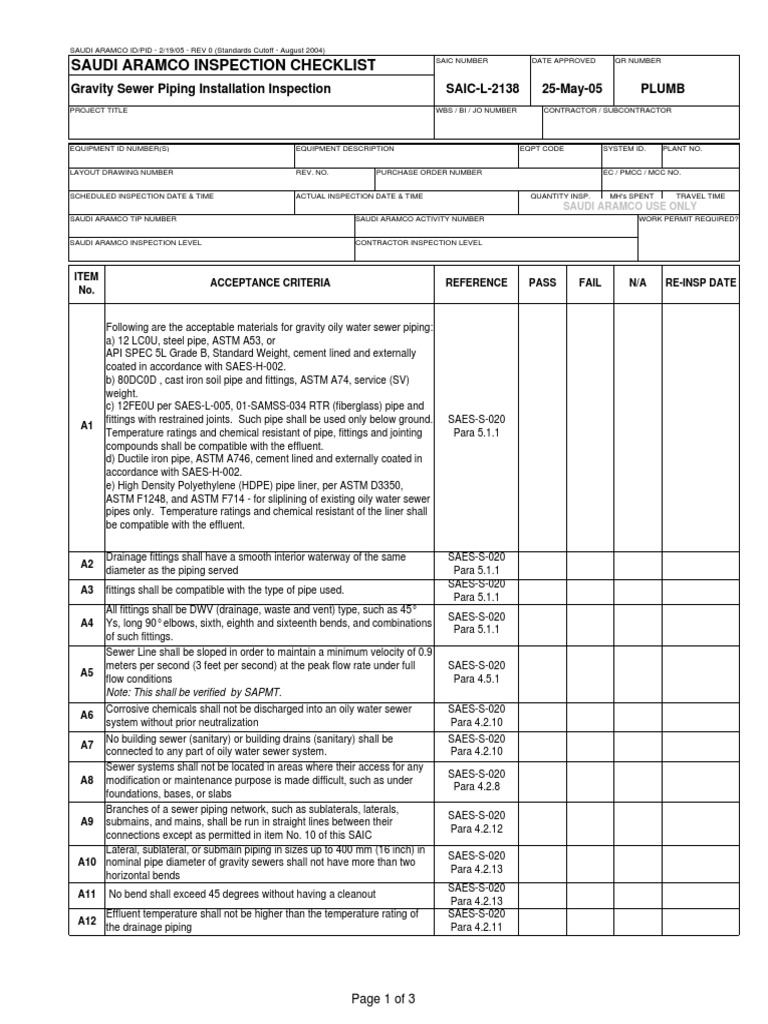 Saudi Aramco Inspection Checklist: Gravity Sewer Piping Installation ...