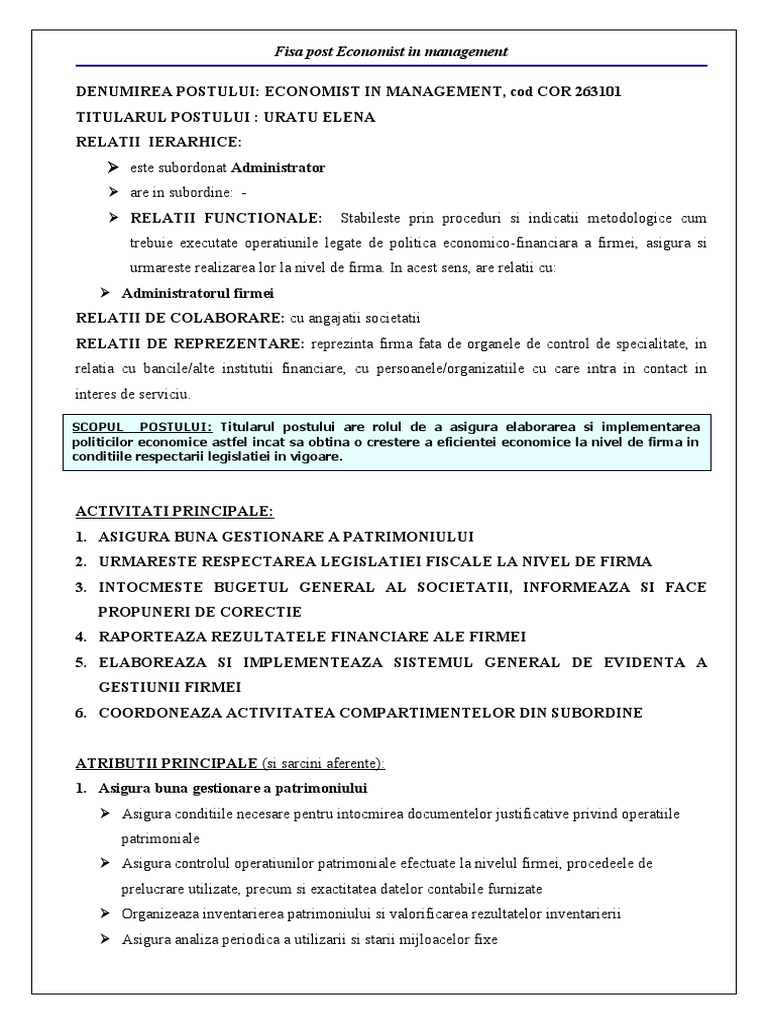 Fisa de Post Economist in Management | PDF