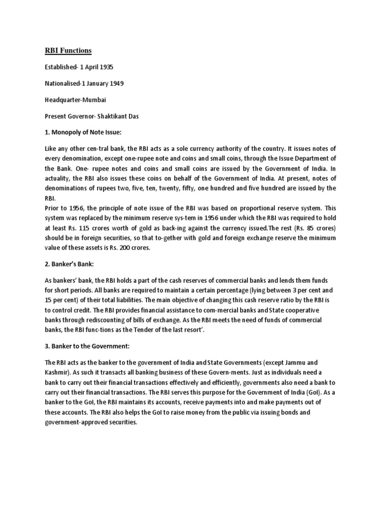 RBI Functions: 1. Monopoly of Note Issue | Download Free PDF | Reserve ...