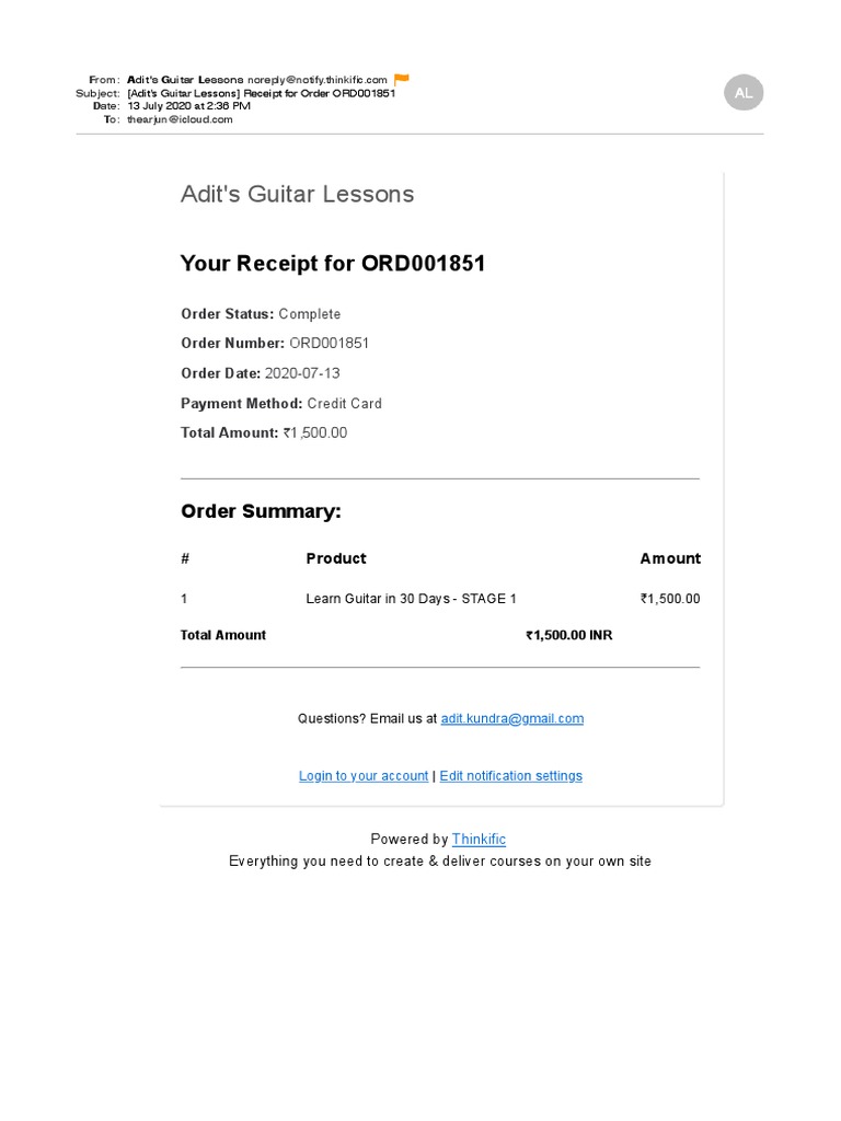 Adits Guitar Lessons Receipt For Order ORD001851 | PDF