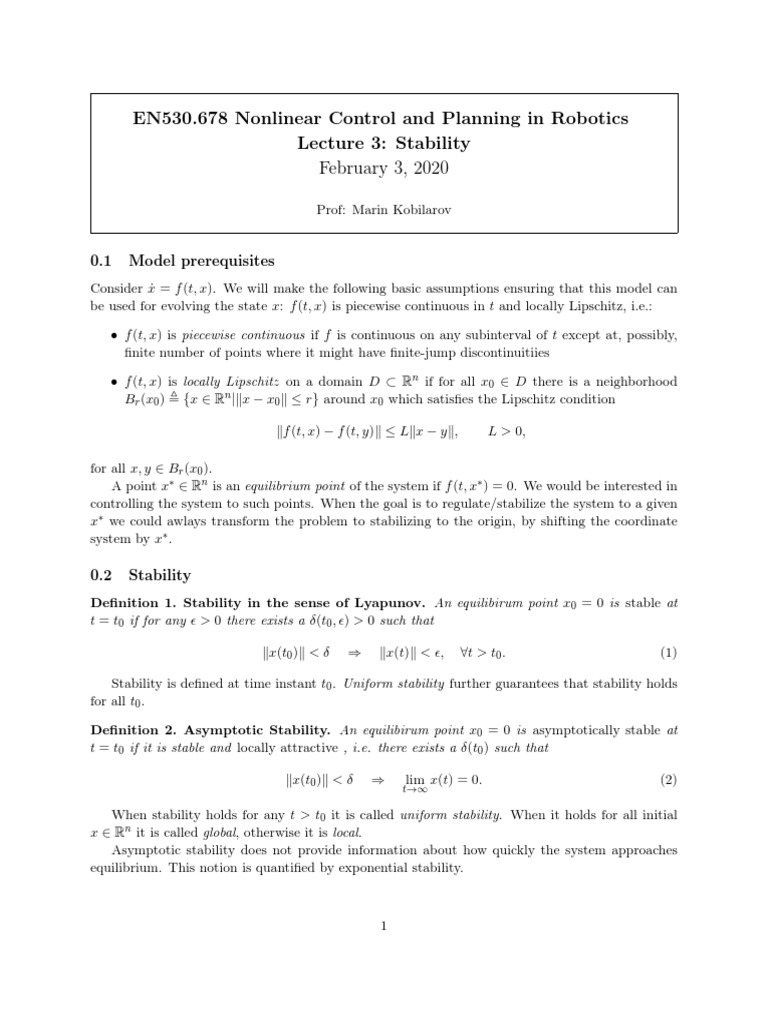 EN530.678 Nonlinear Control and Planning in Robotics Lecture 3: Stability February 3, 2020 | PDF ...