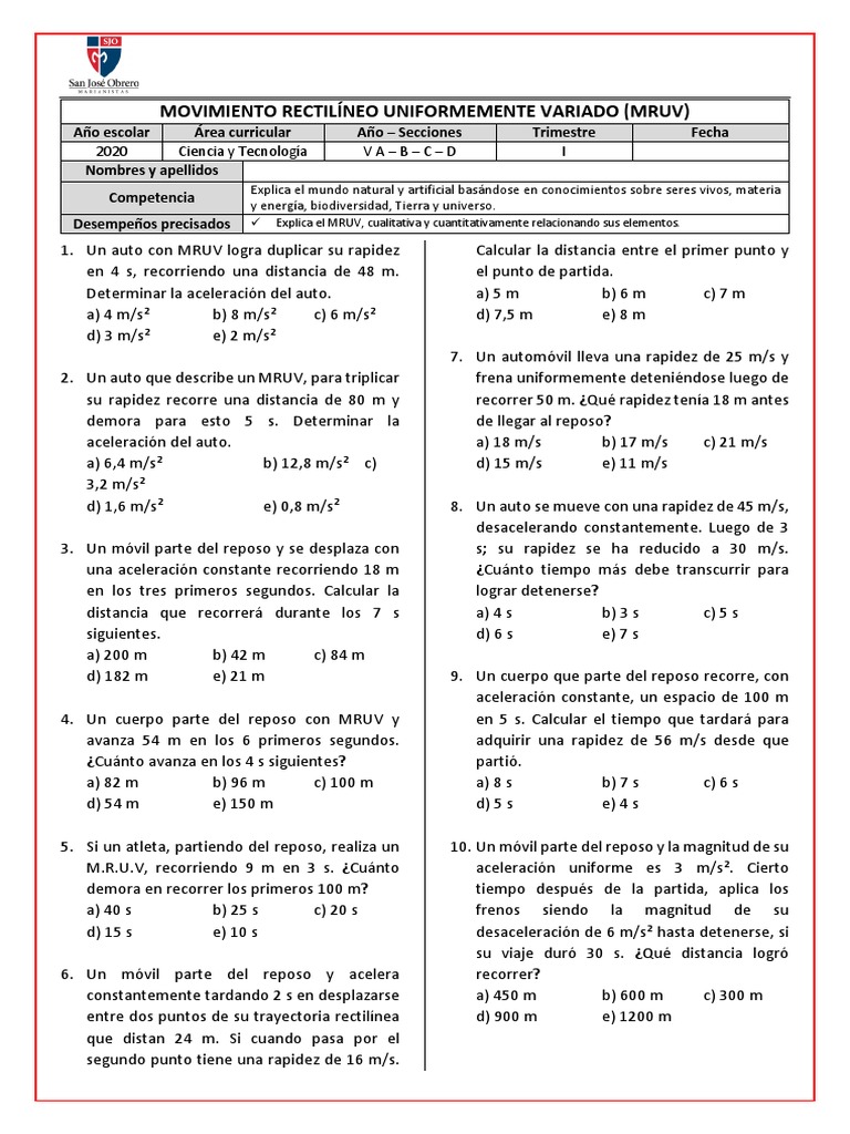 Tarea 02 - Problemas MRUV | PDF | Aceleración | Física