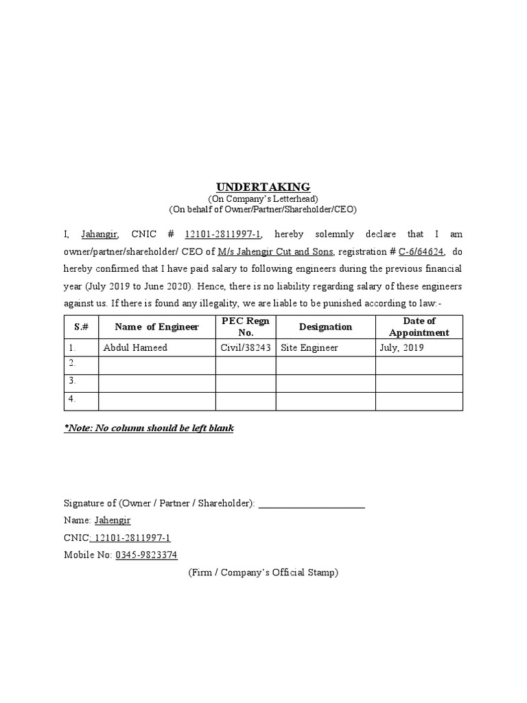 Undertaking: S.# Name of Engineer PEC Regn No. Designation Date of ...