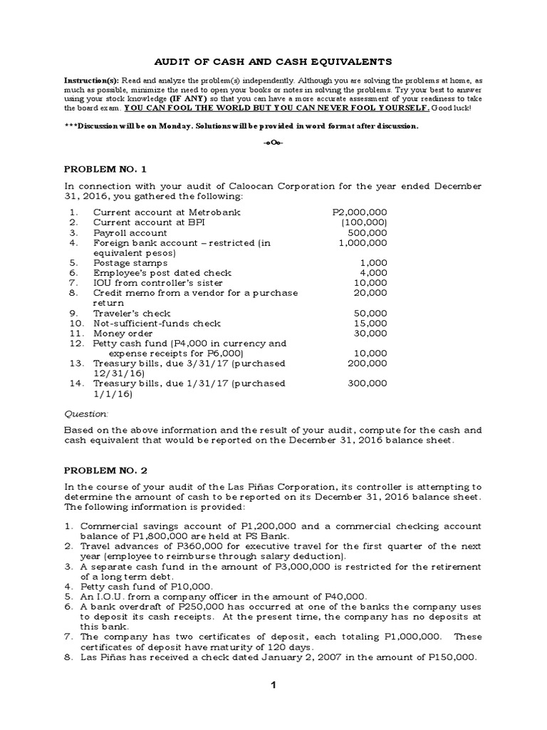 Audit of Cash - Exercise 1 | PDF | Transaction Account | Cheque