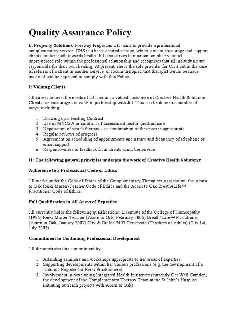 Quality Assurance Policy | PDF | Health Care | Therapy