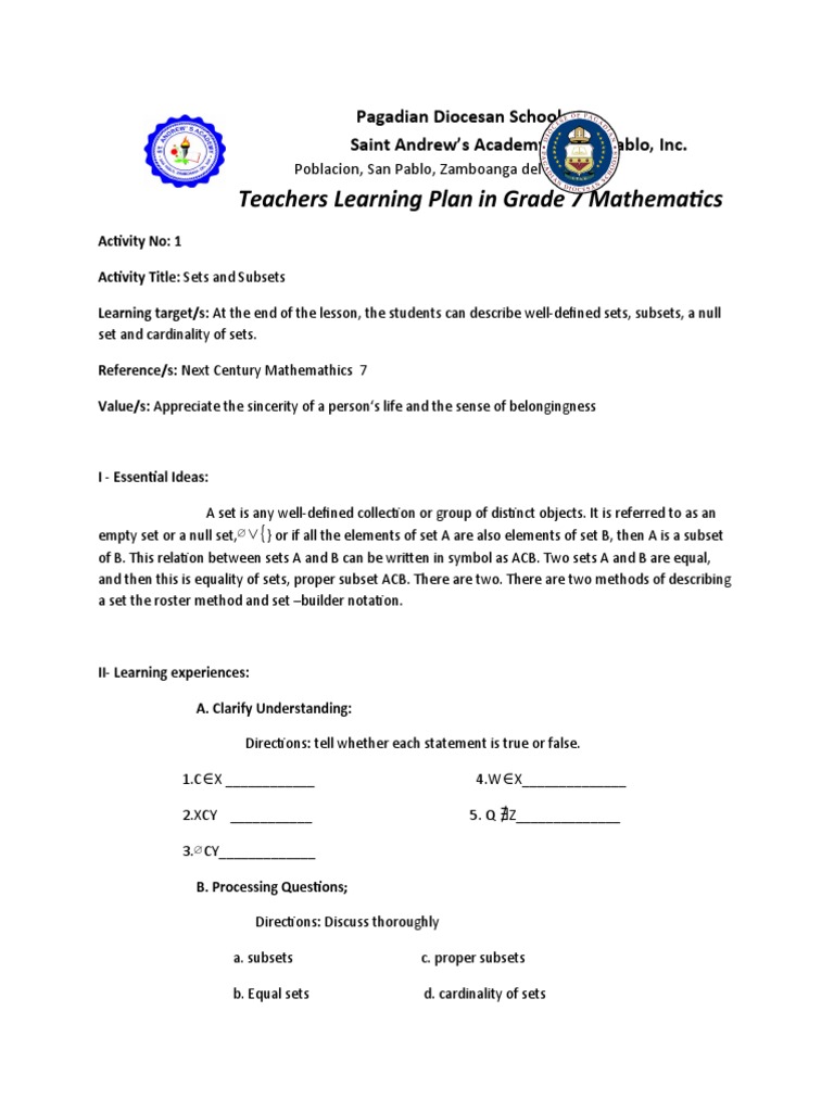 Teachers Learning Plan in Grade 7 Mathematics: Pagadian Diocesan ...