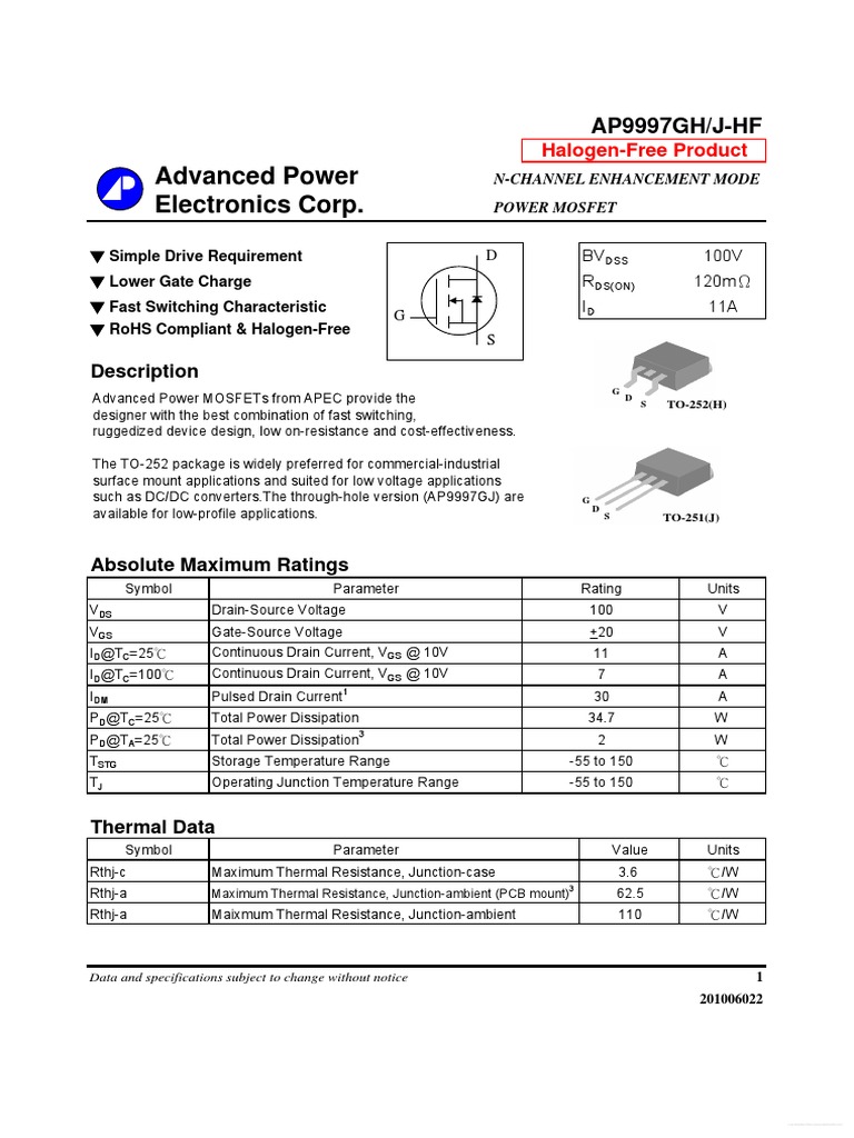 9997GH HF AdvancedPowerElectronics | PDF | Field Effect Transistor | Mosfet