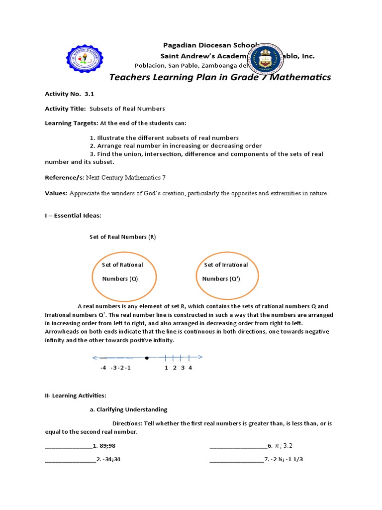 Teachers Learning Plan in Grade 7 Mathematics: Pagadian Diocesan ...
