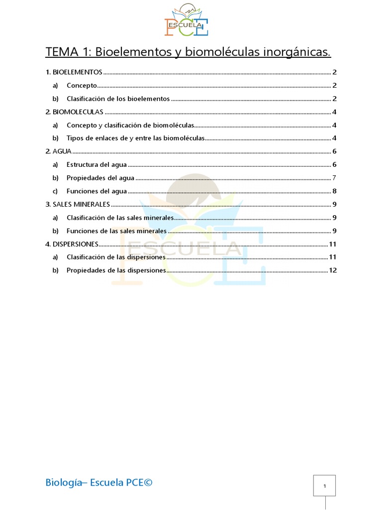 Tema 1 Bioelementos y Biomoléculas Inorgánicas. | PDF | Polaridad química | Propiedades del agua
