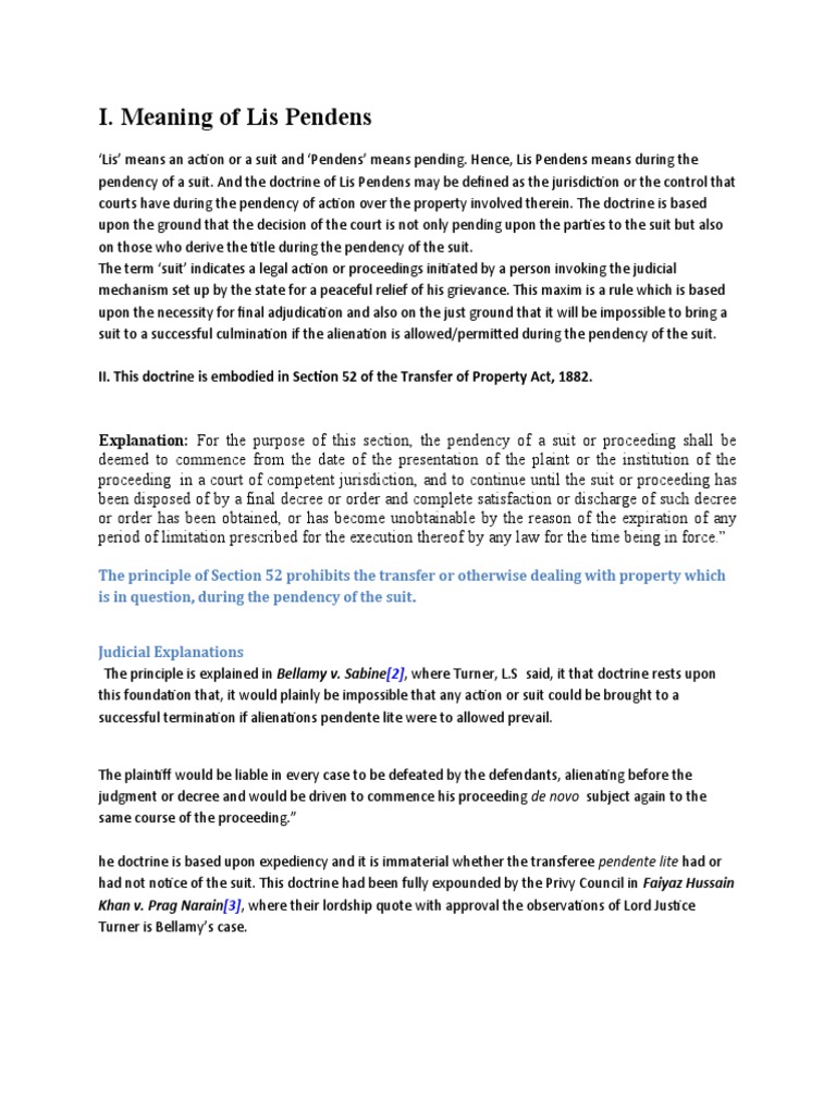 I. Meaning of Lis Pendens: Explanation: For The Purpose of This Section, The Pendency of A Suit ...