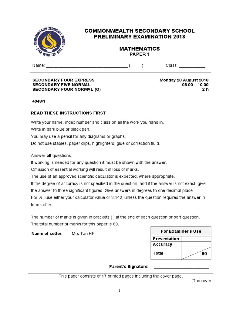 Sec 4 E Maths SA2 2018 Commonwealth | PDF | Area | Sine