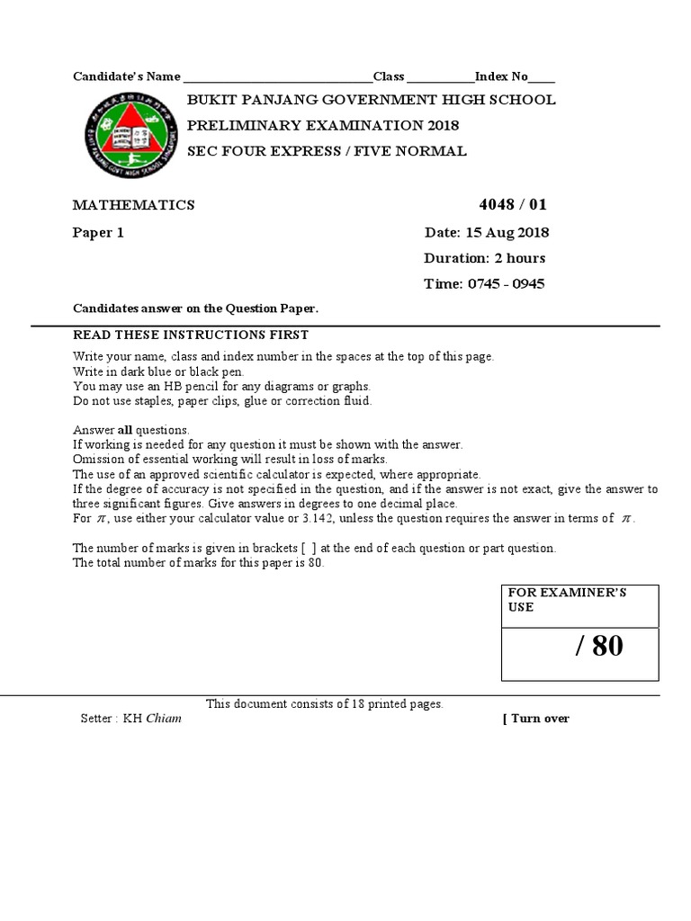 E-Math Sec 4 Sa2 2018 Bukit Panjang - Short Ans | PDF | Area | Sine