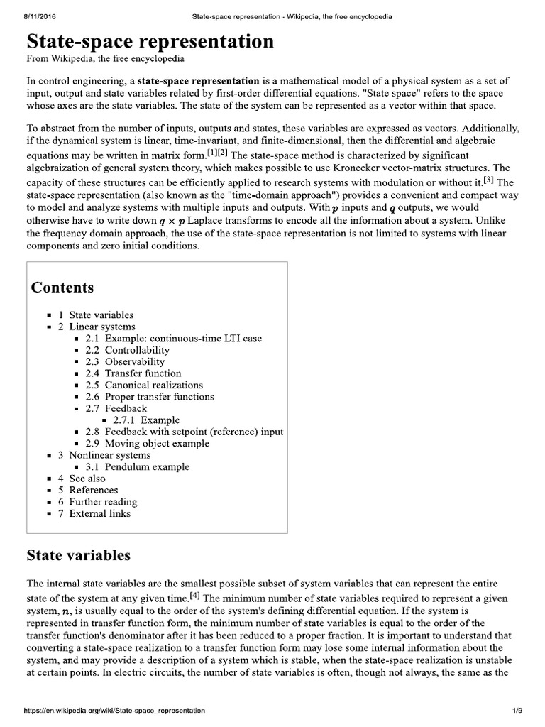 State-Space Representation - Wikipedia, The Free Encyclopedia | PDF