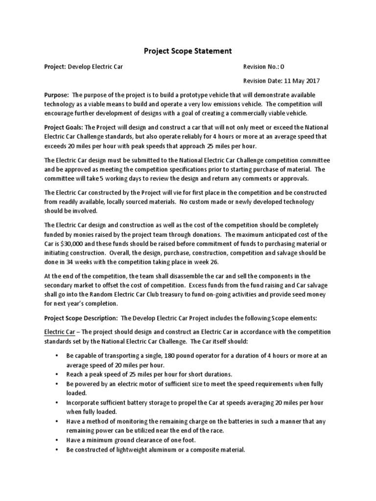 Electric Car Project Scope Statement | PDF