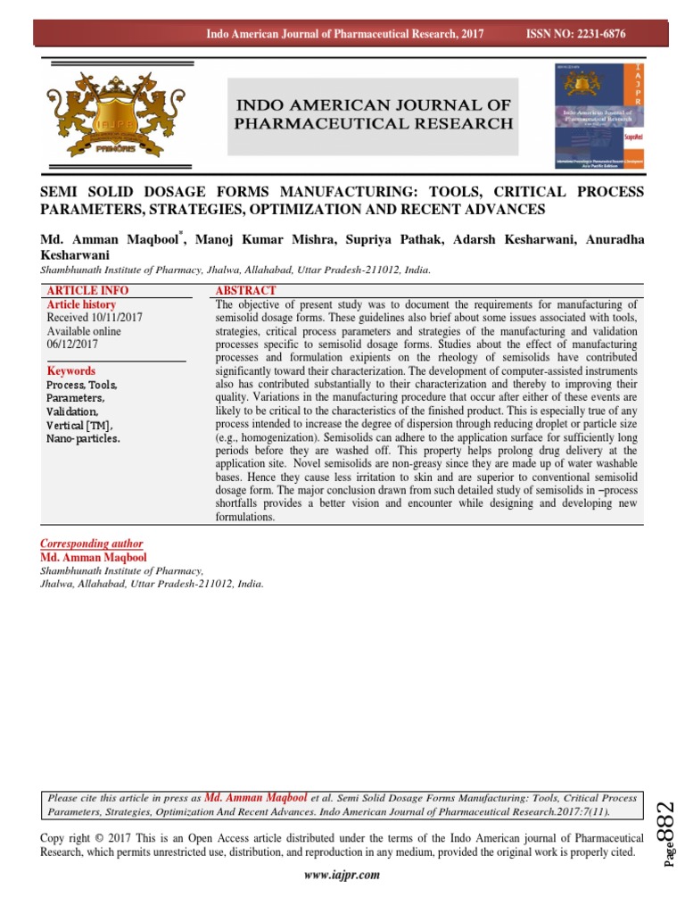 Semi Solid Dosage Forms Manufacturing: Tools, Critical Process Parameters, Strategies ...