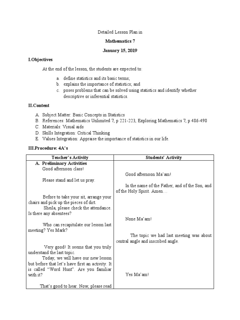 Detailed Lesson Plan in Mathematics 7 | PDF | Statistical Inference ...