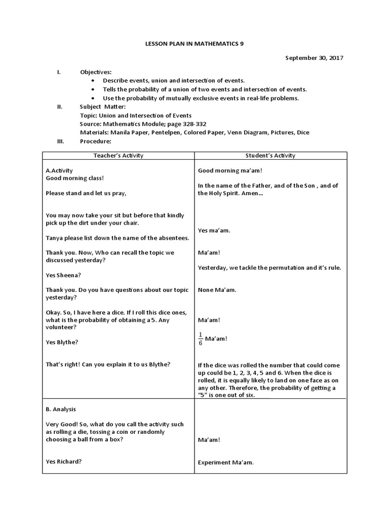 Lesson Plan in Mathematics 9 | PDF | Probability | Experiment