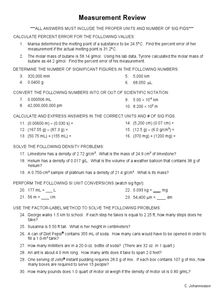 Measurement Review: C. Johannesson | PDF | Density | Mole (Unit)