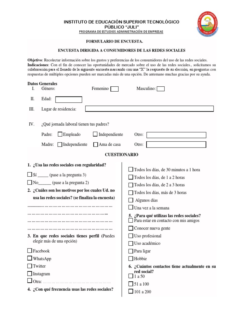 Cuestionario Sobre Redes Sociales | PDF | Servicio de redes sociales | Cuestionario
