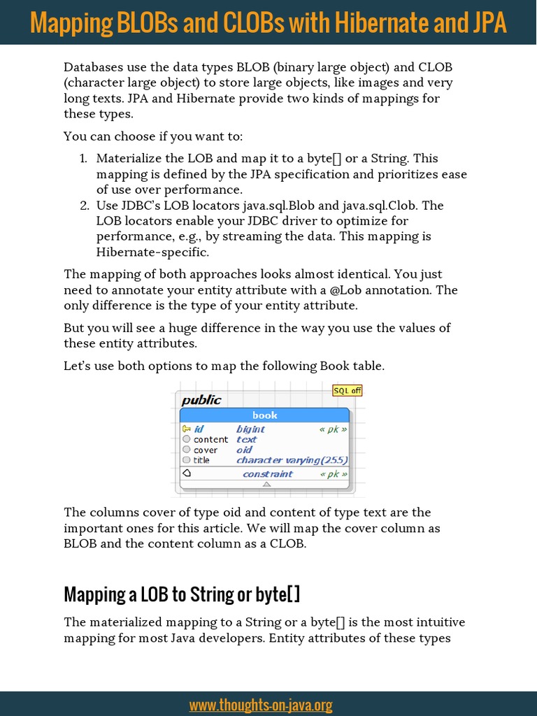 Mapping BLOBs and CLOBs With Hibernate and JPA PDF | PDF | String ... Mapping BLOBs and CLOBs With Hibernate and JPA PDF | PDF | String ...