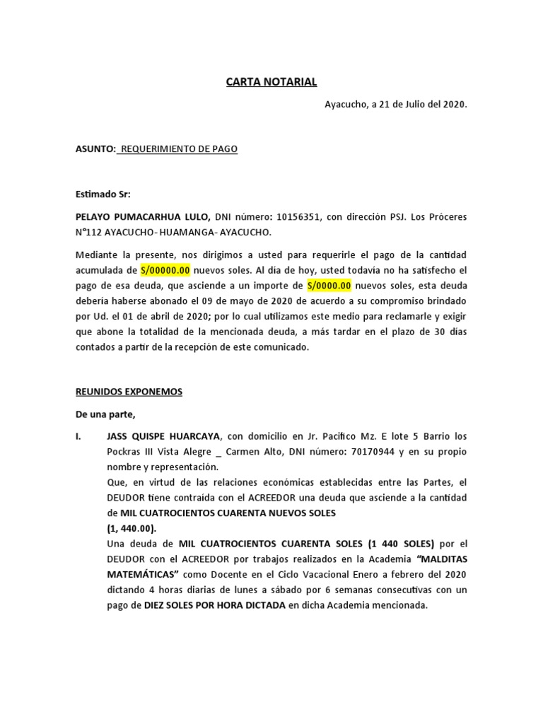 Carta Notarial REQUERIMIENTO DE PAGO | PDF | Pagos | Derecho Corporativo