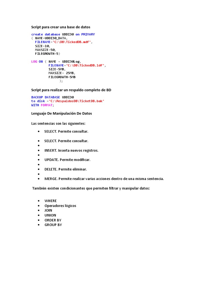 Script para Crear Una Base de Datos | PDF