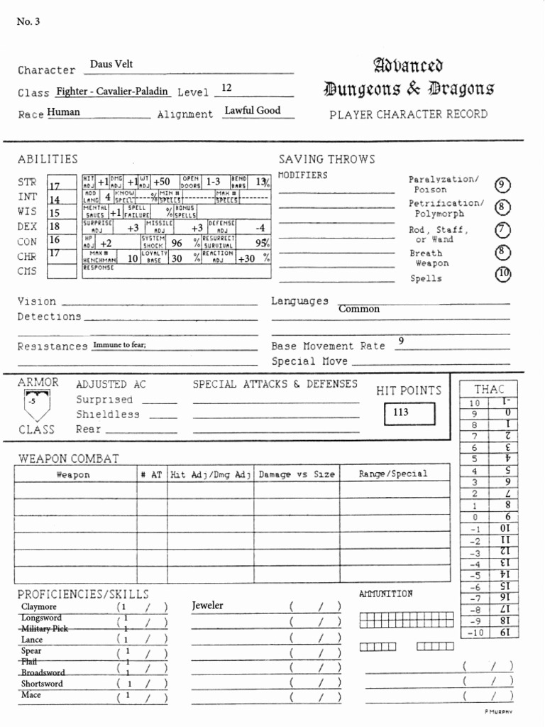 Character Sheet for Daus Velt, a 12th-level Human Paladin/Cavalier of ...