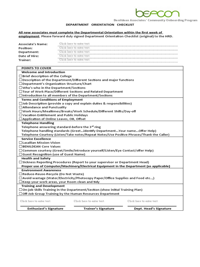 Department Orientation Checklist | PDF | Business | Employment