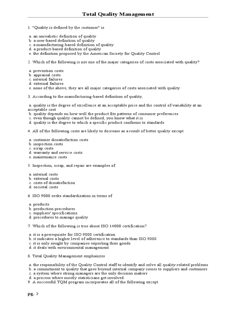 MCQ On TQM 2014 | PDF | Quality Management | Iso 9000