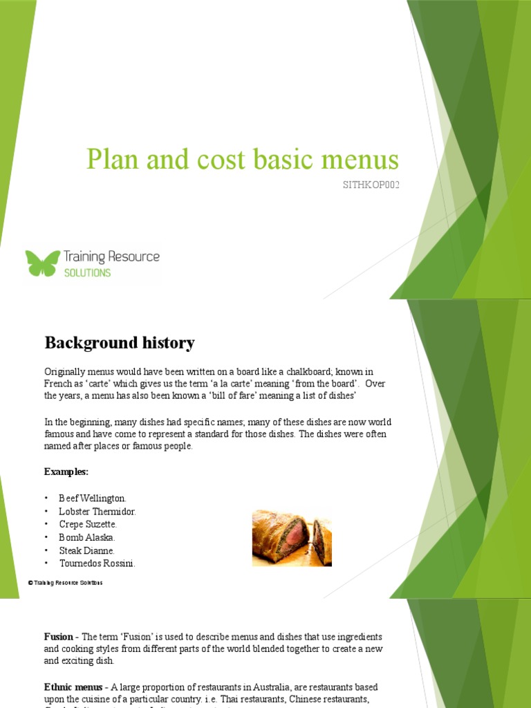 Plan and Cost Basic Menus SITHKOP002 - Powerpoint | PDF | Menu ...