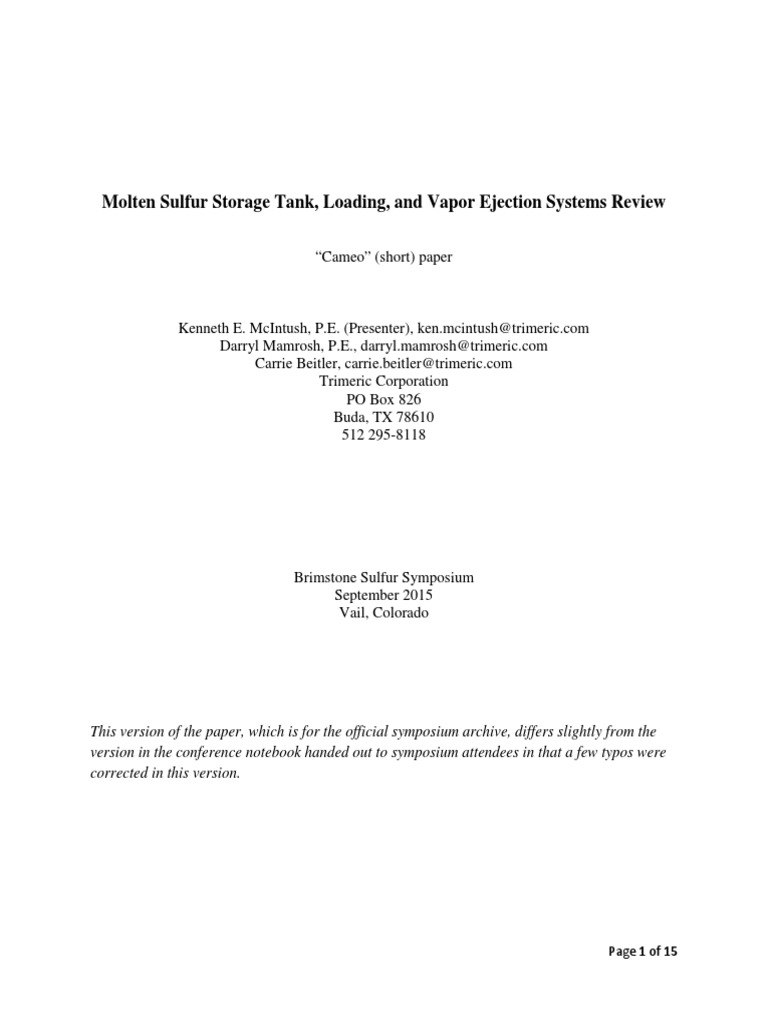 Molten Sulfur Storage & Loading Systems | PDF | Sulfur Dioxide | Steam