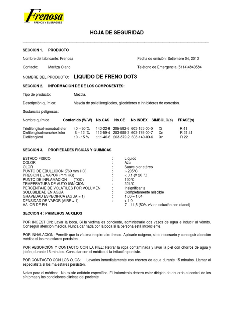 Informacion - MSDS de Liquido de Frenos Dot3 - Frenosa | PDF ...