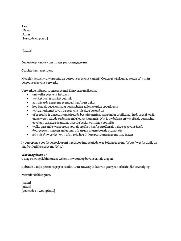 Voorbeeldbrief Verzoek Om Inzage Aan Politie Justitie of Andere ...