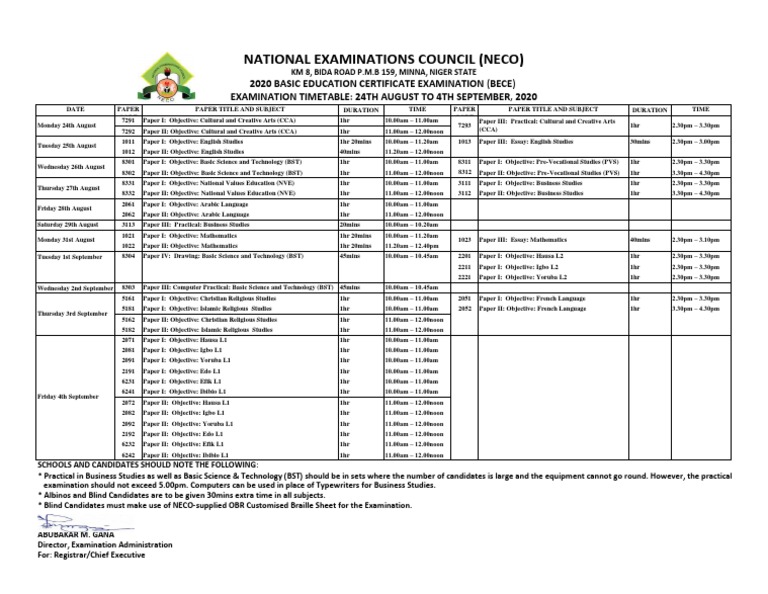 2020 Neco Bece Timetable | PDF | Nigeria