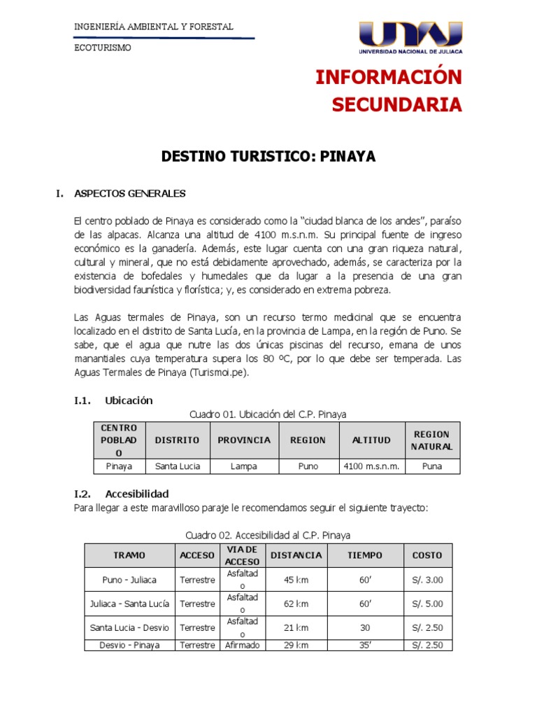 Destino Turistico - C.P. Pinaya | PDF | Naturaleza | Conservación