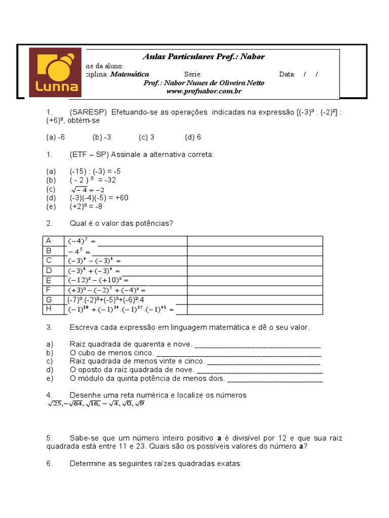 Exercicios de Numeros Inteiros III | PDF | Raiz quadrada | Matemática ...