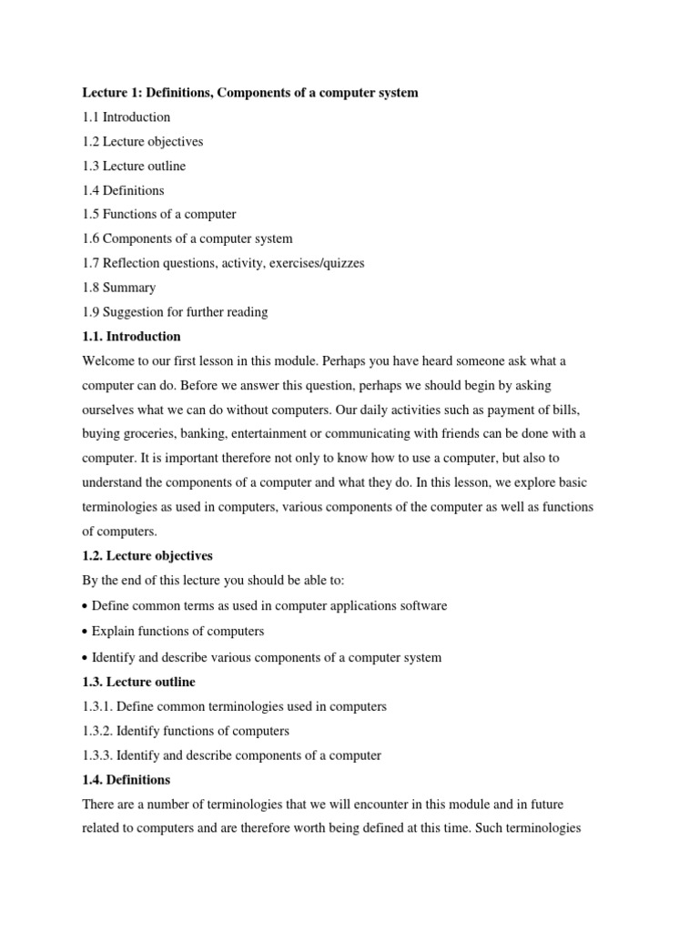 Lecture 1: Definitions, Components of A Computer System | Download Free ...