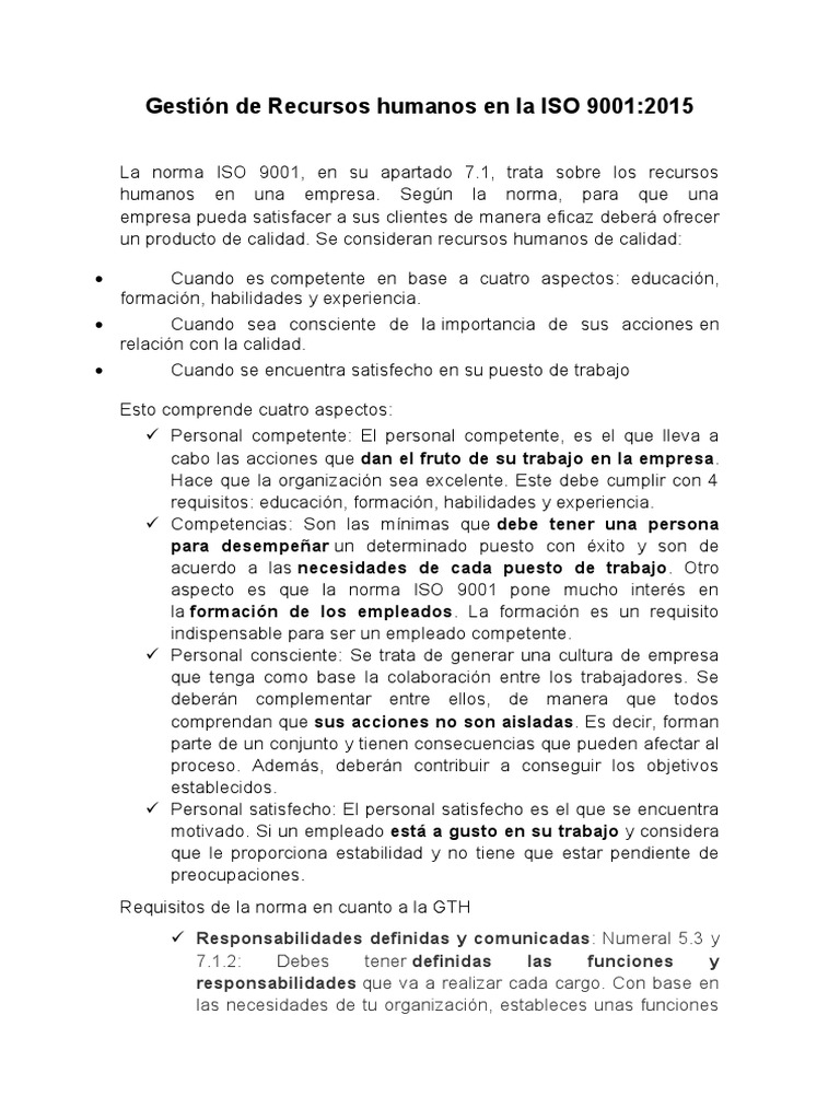 GTH Iso 9001. 2015 | PDF | Gestión de recursos humanos | Calidad (comercial)