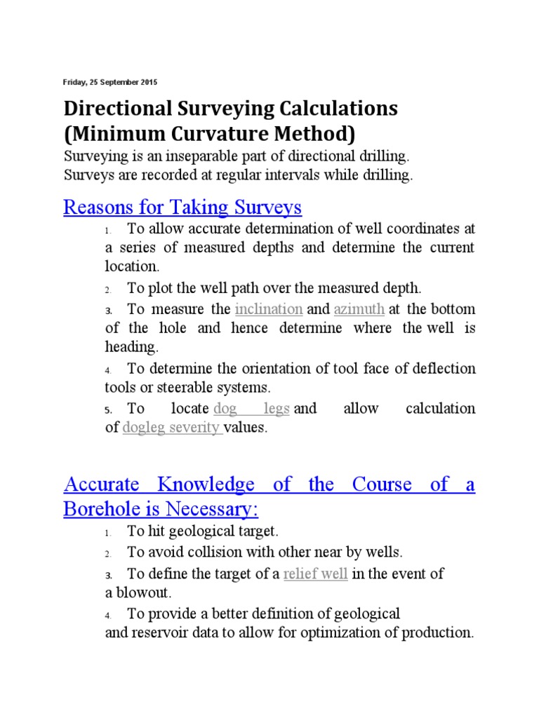 Directional Surveying Calculations Minimum Curvature Method Pdf Surveying Geometry