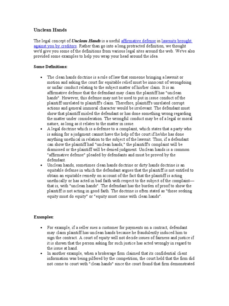 Unclean Hands | PDF | Equity (Law) | Lawsuit