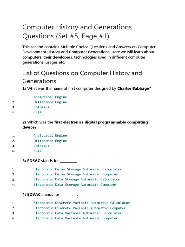 Computer History and Generations Questions | PDF | Manufactured Goods ...