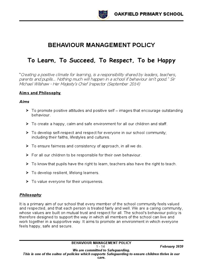 Behaviour Management Policy To Learn, To Succeed, To Respect, To Be ...